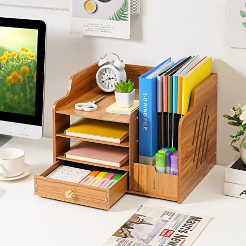 Marbrasse Mesh Desk Organizer with File Holder + Wooden Paper Letter Tray Organizer with Drawer and Pen Holder