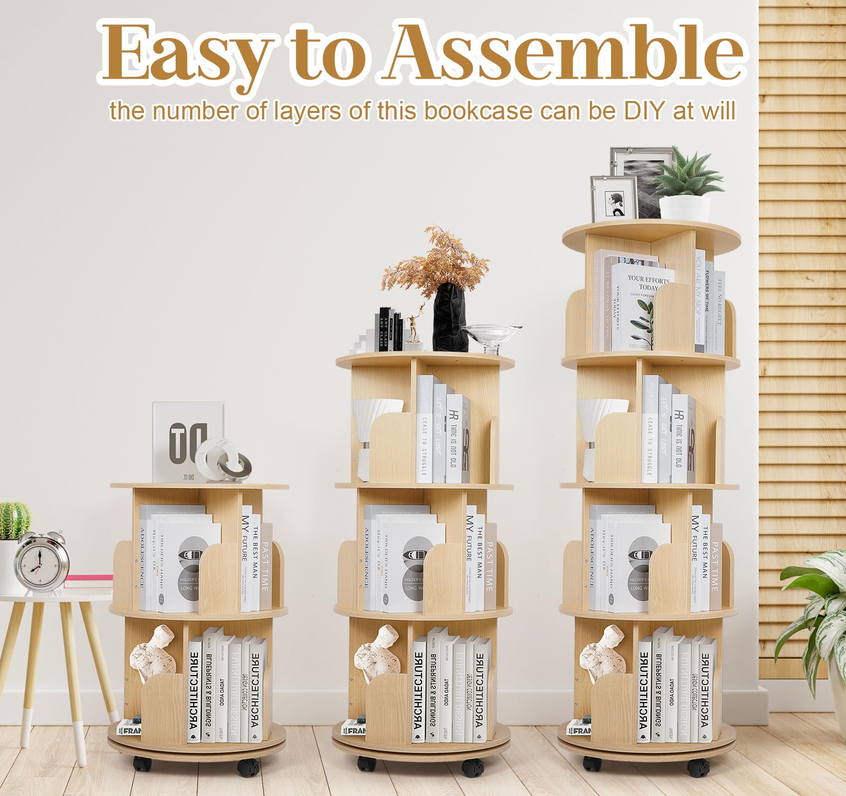 tonchean 4 Tier Rotating Bookshelf Tower,Wood Revolving Bookcase with Wheels Vertical Kids Toddler Bookshelf with Storage,Corner Display Bookshelf Rack for Library Study Office Living Room