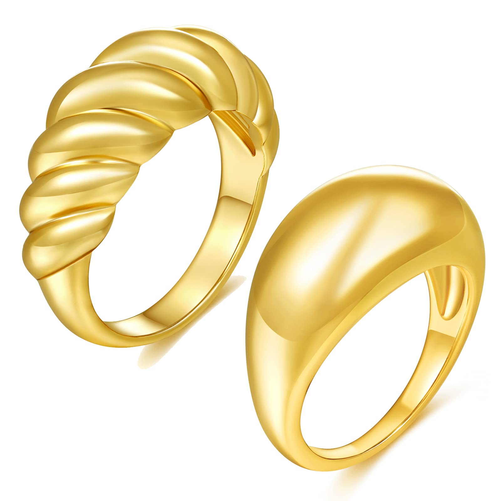 LKneckes Women Ring Beautiful Gold and Silver Thread Glossy Ring Set for Wedding 18K Gold Plated Croissant Dome Ring Twisted Braided Gold Plated Ring 2PCS (GOLD SIne 8)