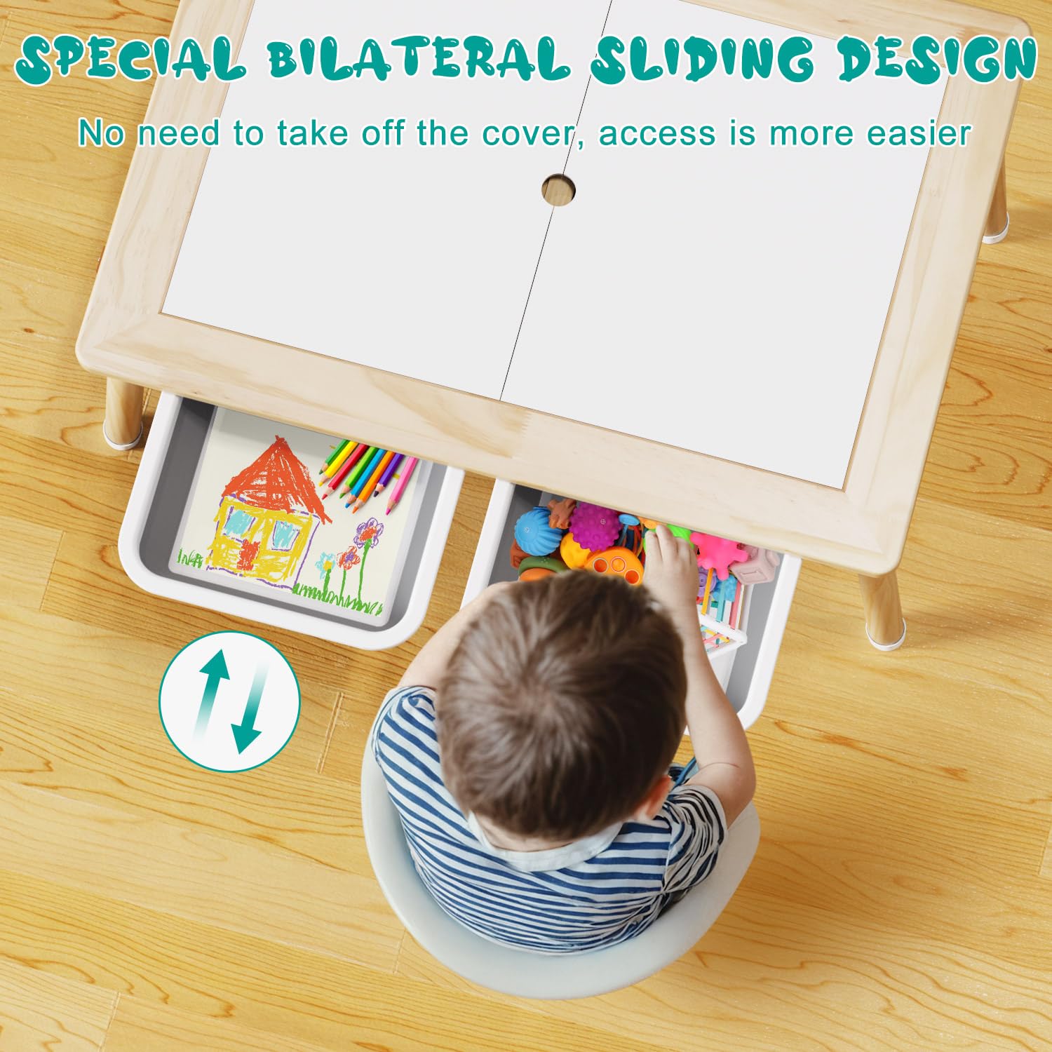 Wattne Sensory Table for Toddlers 1-5, Kids Activity Table Toddler Sensory Table with Paper Roll Holder,Lid & 2 Storage Bin, Wooden Sensory Table for Indoor Outdoor Use