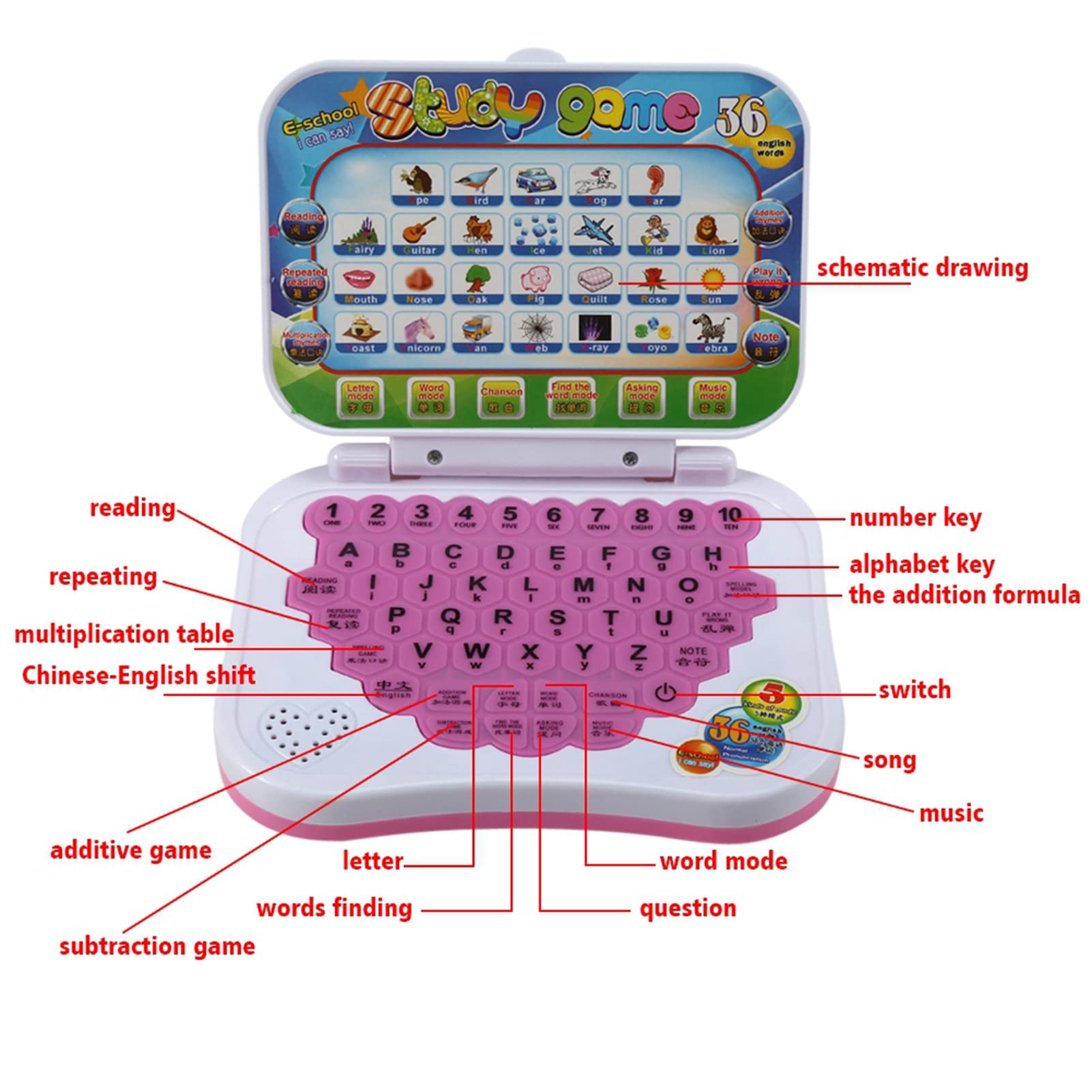 Smart Preschool Laptop, Children Bilingual Educational Learning Study Interactive Toy Kids Teach Alphabet Computer Game Gift for Toddlers Boys Girls Learn ABC Numbers Words Spelling Maths Music