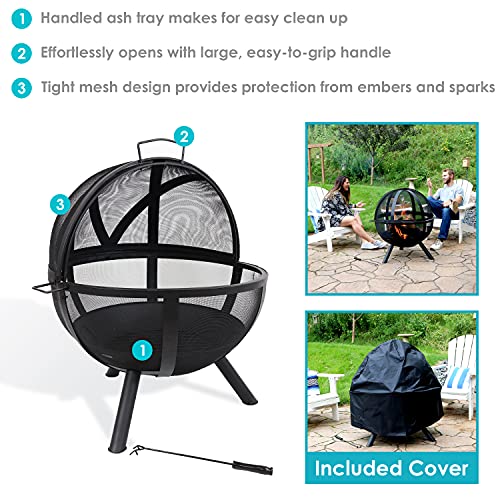 Sunnydaze Flaming Ball 30-Inch Wood-Burning Steel Fire Pit with Protective 200D PVC Cover and 16-Inch L Poker - Black