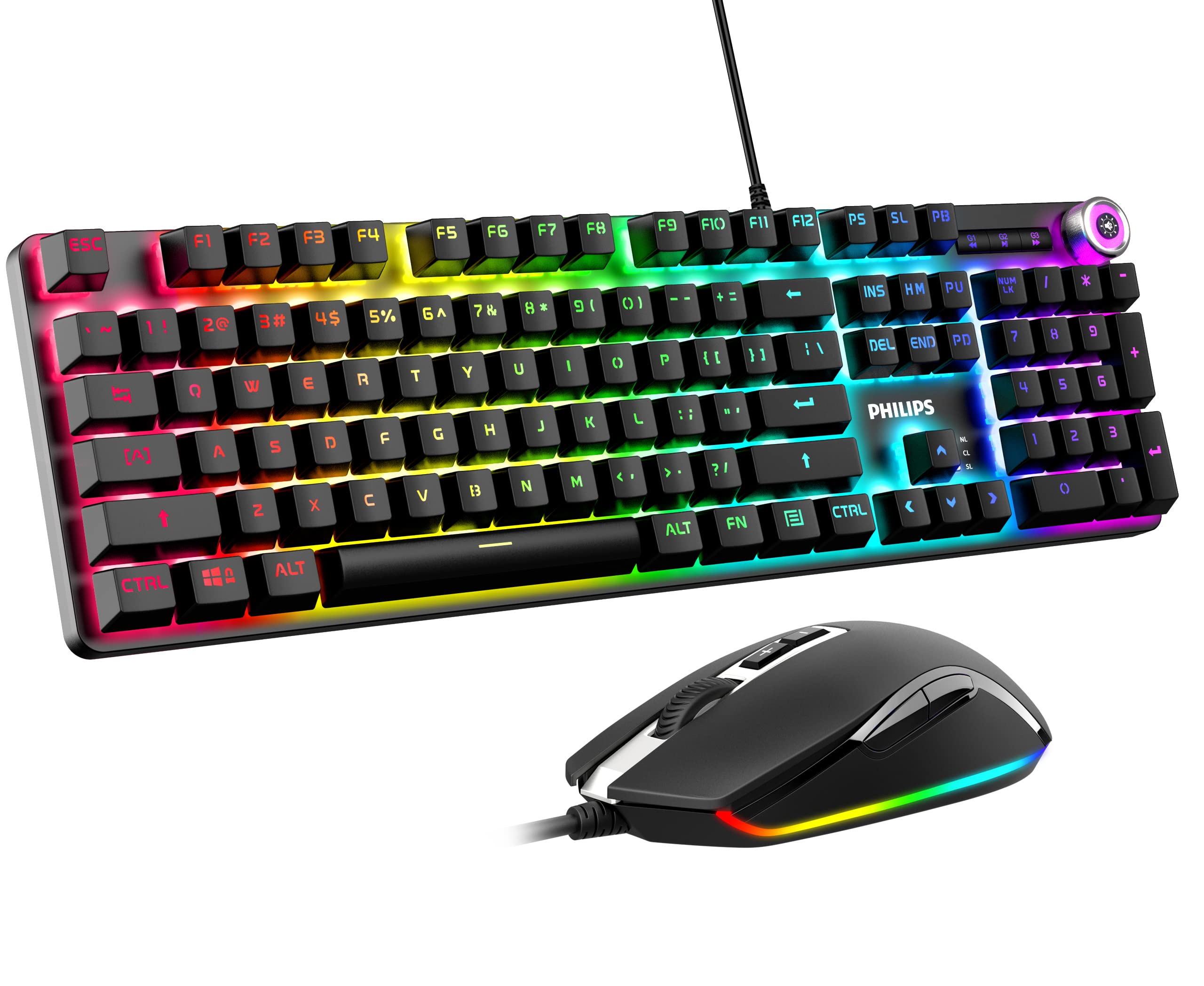 PHILIPS Wired Gaming Keyboard and Mouse Combo RGB Backlit, Mechanical Feel, 104 Keys with Fast Switches, Programmable Gaming Mouse Adjustable DPI for Windows PC Gamers