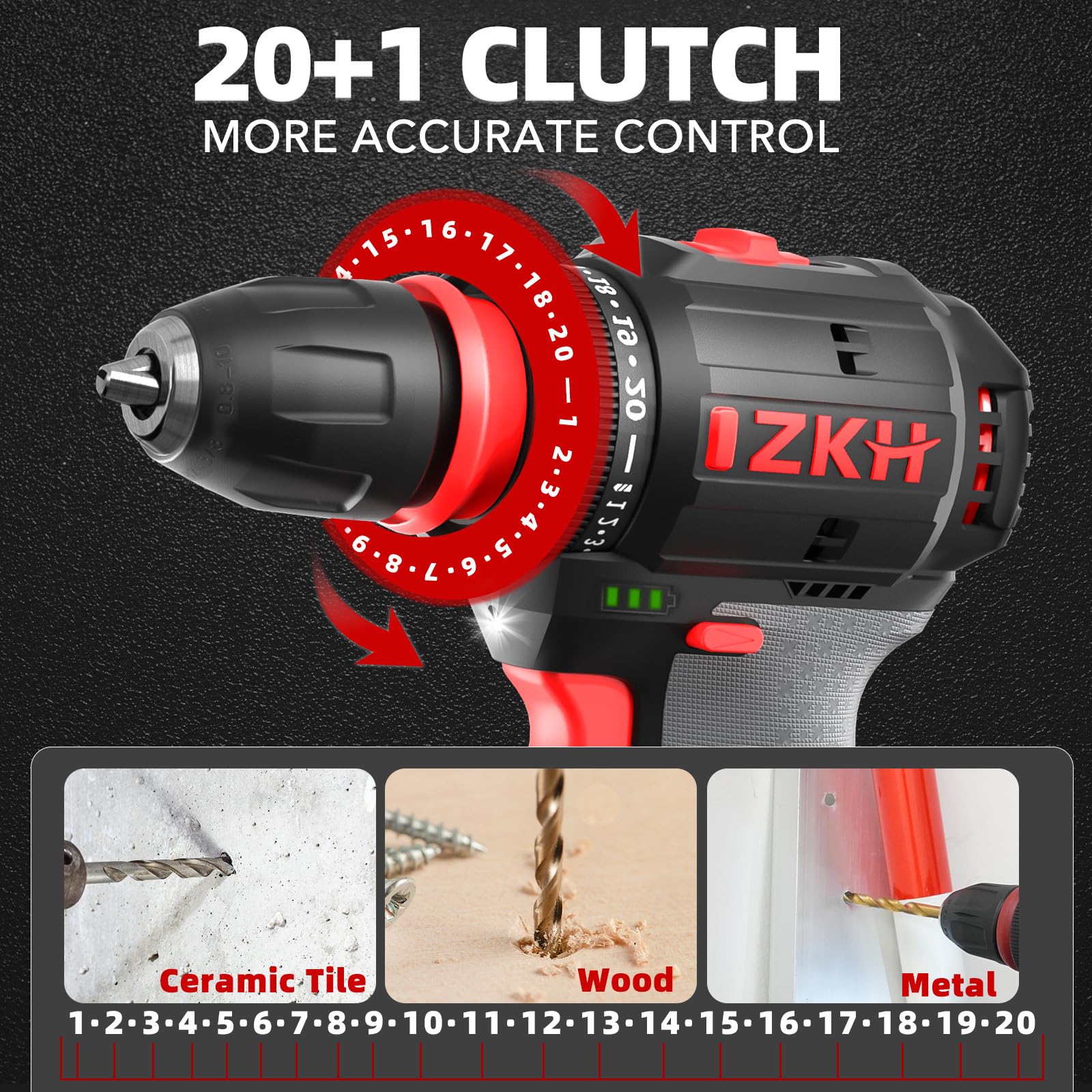 ZKH Cordless Drill Set, 16V Electric Power Drill Driver with Battery and Charger,2 Variable Speed, 3/8" Keyless Chuck, Up to1800RPM,Torque 487 In-lbs,47Pcs Drill Bits, Tool Sets for Men