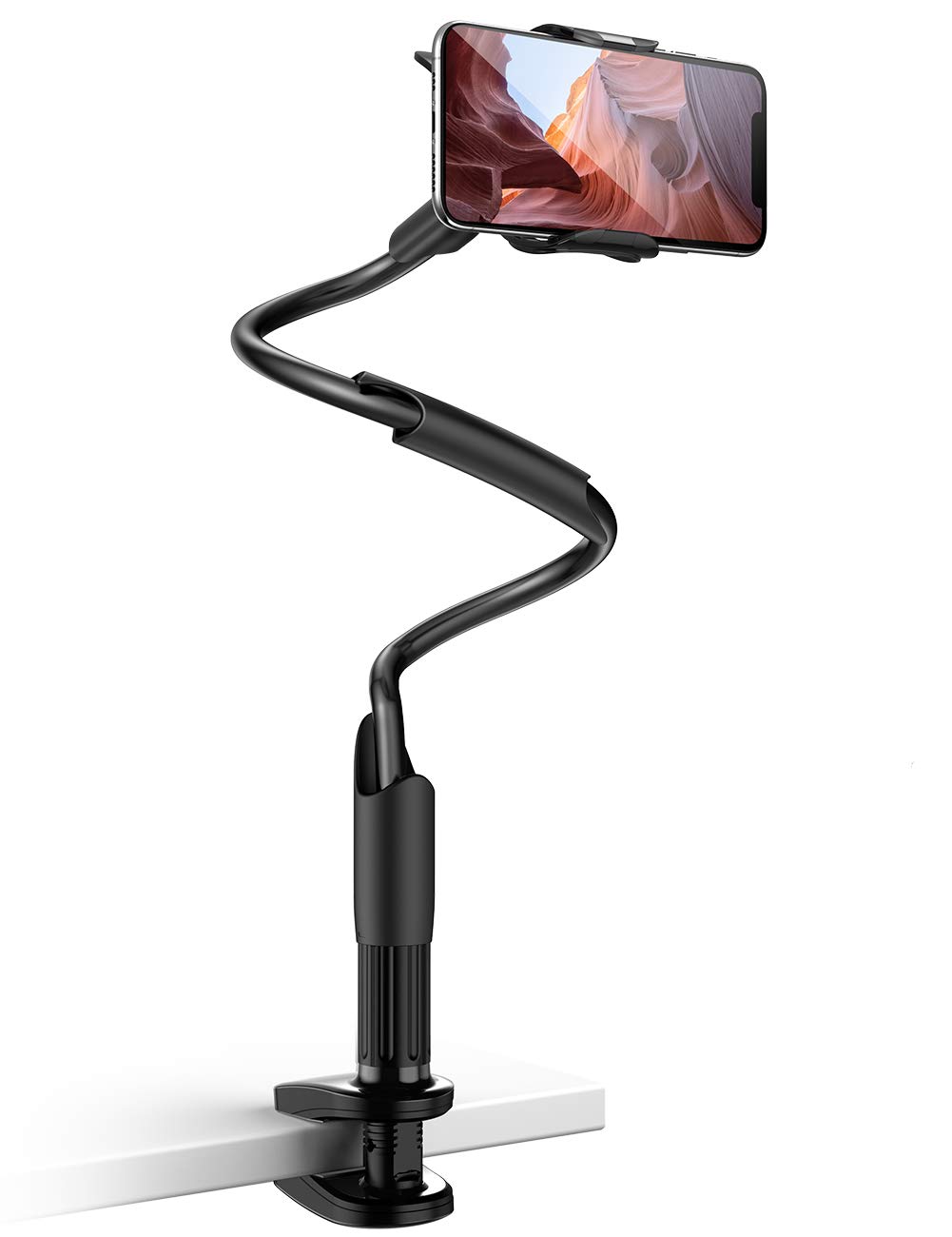 Lamicall Phone Holder Bed Gooseneck Mount Flexible Arm 360 Mount Clip Bracket Clamp Stand for iPhone 15 Pro Max, 15 Plus, 14 Pro Max, 13 Mini, 12 S10 S9 S8 S7 S6, Overall Length 33.4In(Black)
