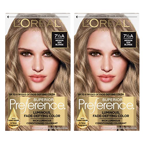 L'Oreal Paris Superior Preference Luminous Fade-Defying Permanent Hair Color, Hair Dye For Up to 9 Weeks of Radiance, Medium Ash Blonde 7.5A, 1 Hair Dye Kit (Pack of 2)