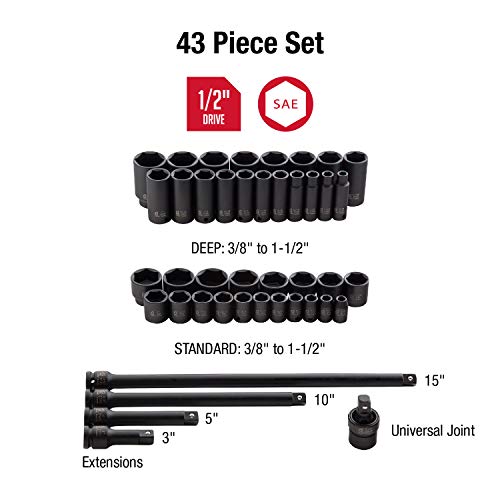 Sunex 2568, 1/2 Inch Drive Master Impact Socket Set, 43-Piece, SAE, 3/8 Inch - 1-1/2 Inch, Standard/Deep, Cr-Mo Alloy Steel, Radius Corner Design, Dual Size Markings, Heavy Duty Storage Case