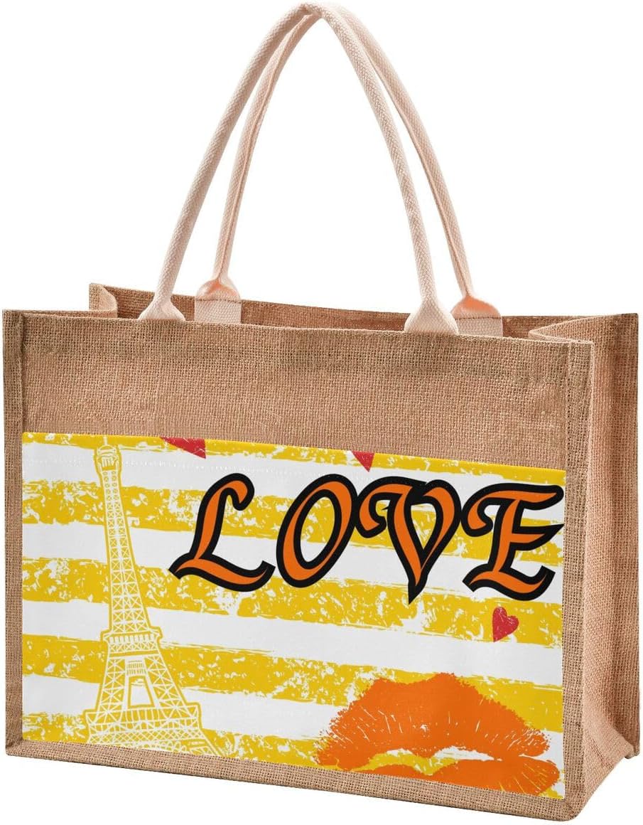 Jute Burlap Tote Valentine's Day Birthday Love Lip Striped Eiffel Tower Yellow Large Beach Bag Reusable Grocery Shopping Storage Bag