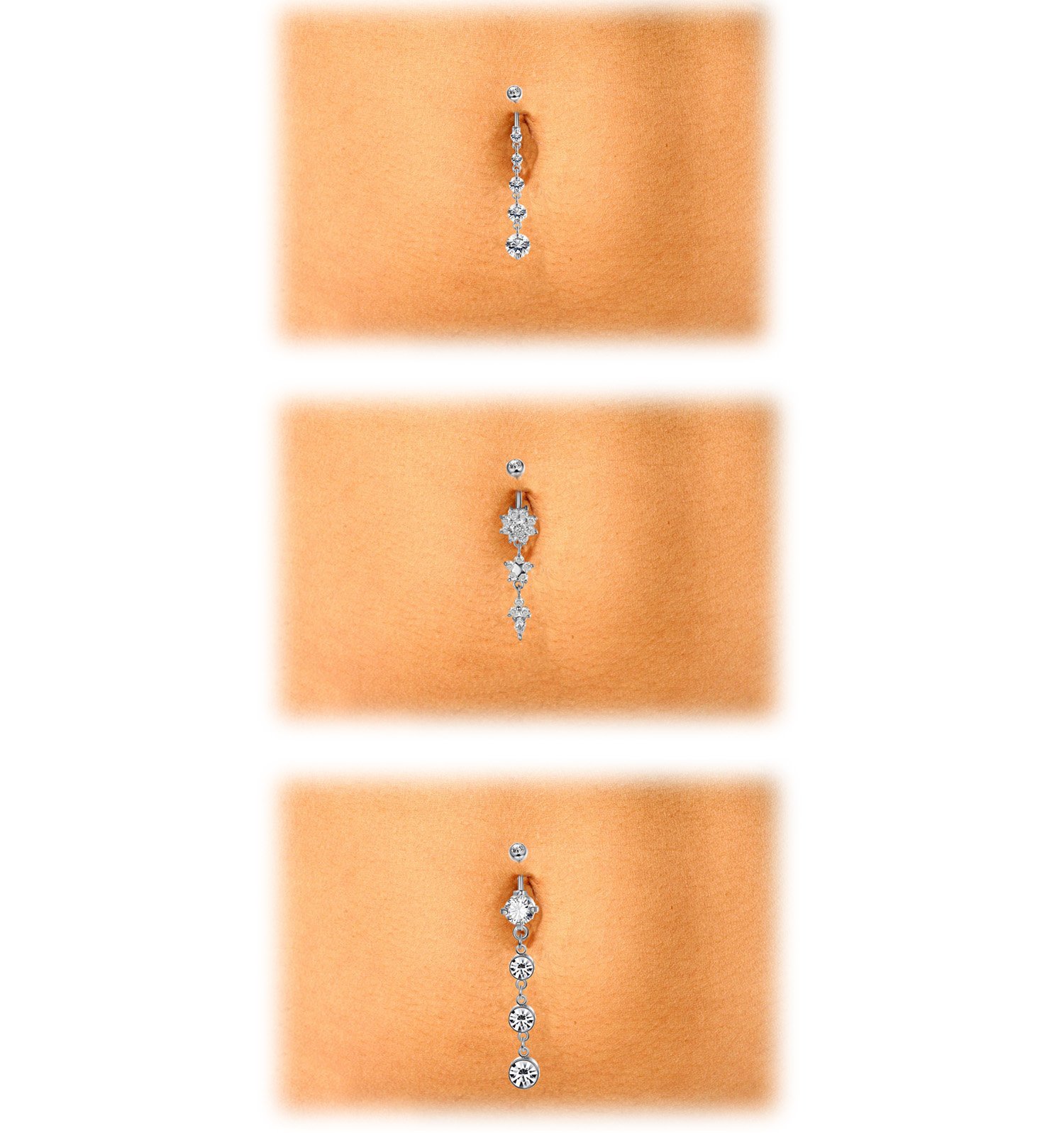 JOERICA 3Pcs 14G 316L Stainless Steel Belly Button Rings for Women Flower CZ Dangle Belly Button Rings Navel Piercing Jewelry