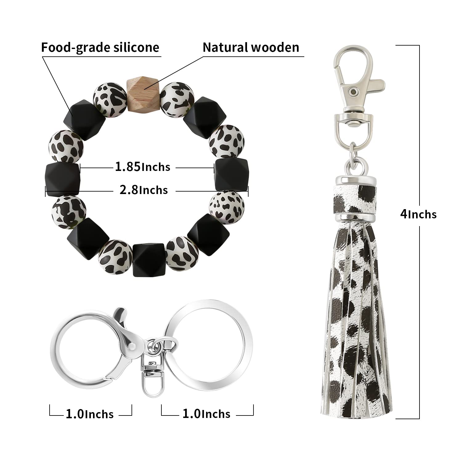 NYNPPUE Cow Print Silicone Beaded Wristlet Bracelet Keychain,Leather Tassels Car Keychain Key Ring for Women (Teal)