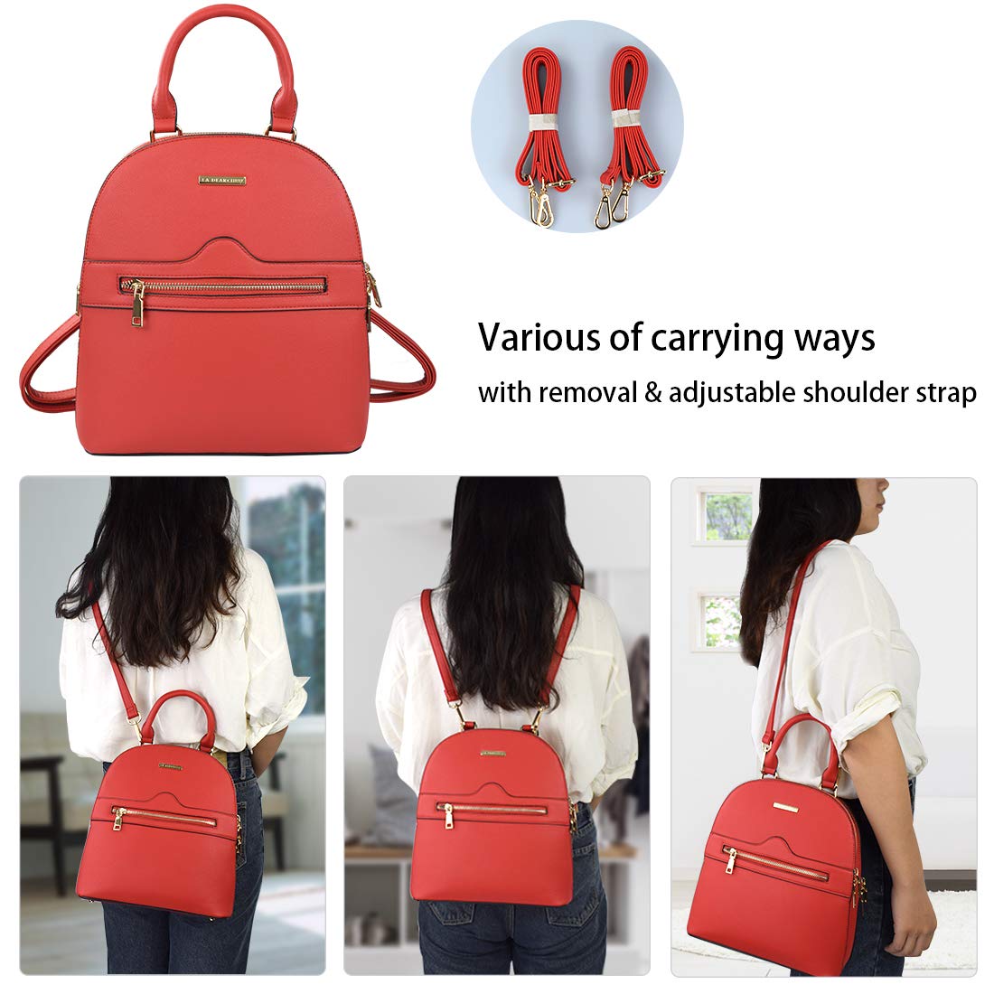 LA DEARCHUU Fashion Backpack Purse for Women Designer PU Leather Travel Bag Convertible Shoulder Bag Backpack Red