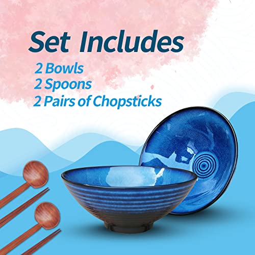 uniidea Ramen Bowl, Japanese Ramen Bowls Set, Large Ceramic Asian Pho Soup Bowl 42 oz with Chopsticks and Spoon, Big Noodle Bowls Blue,2 Sets (6 Pieces)