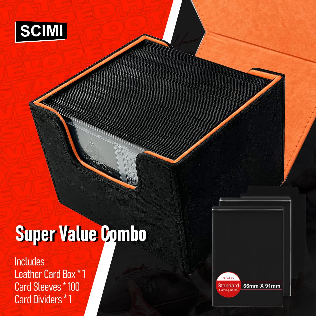 Scimi Card Deck Box for 150+ Sleeved Cards - Fits EDH/Commander/Pokemon/MTG/KeyForge/YuGiOh! / TCG/CCG Packed with 100 Pcs Card Sleeves (Black/Orange)