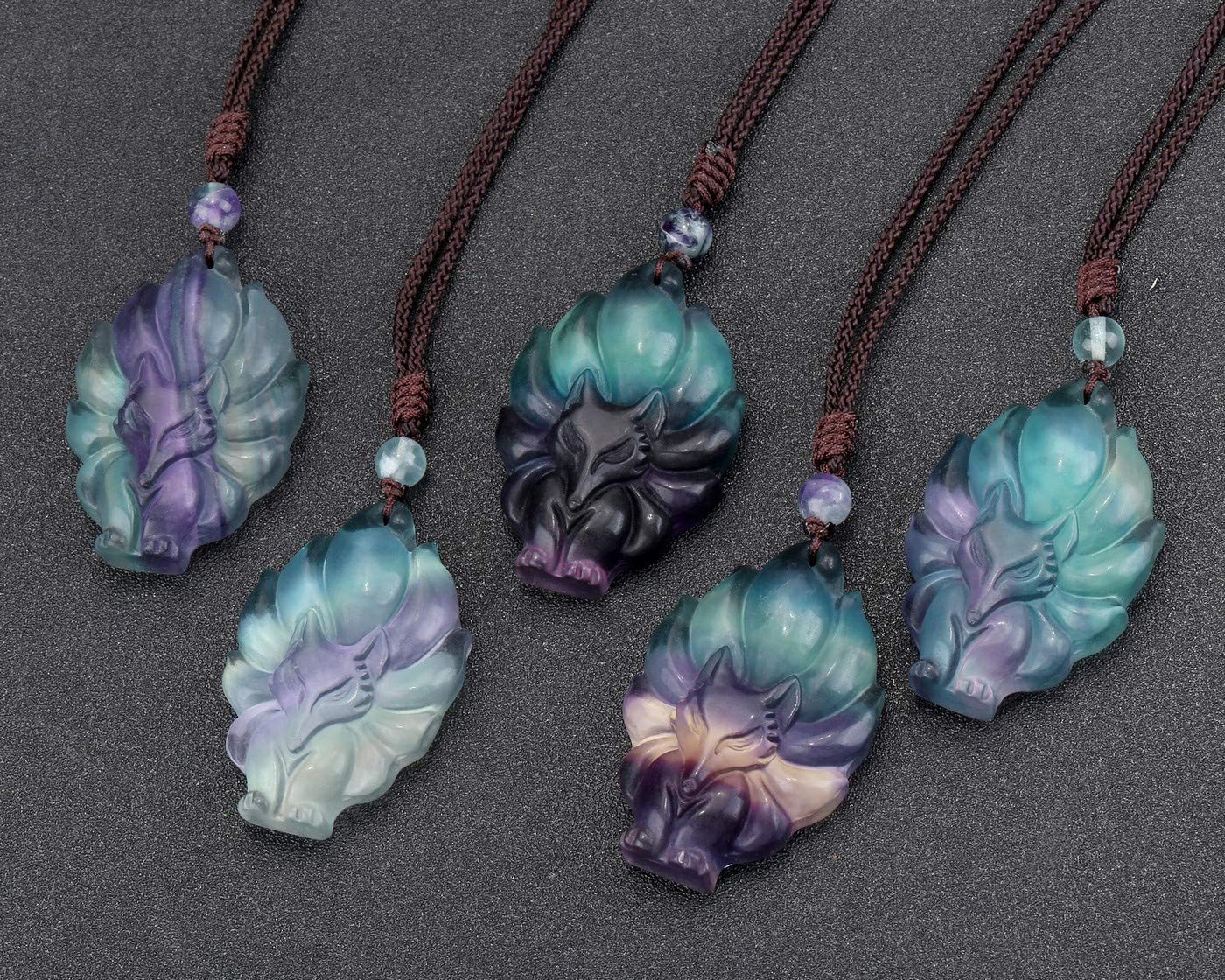 Jovivi Natural Fluorite Nine-Tailed Fox Crystal Necklace Healing Stones Gemstone Necklaces Pendant Protection Amulet Charm