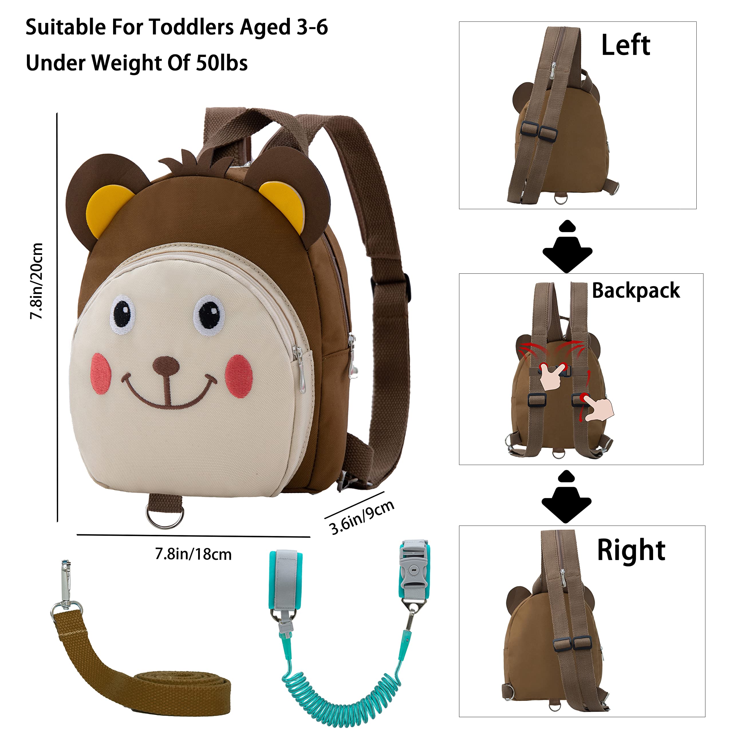 Toddlers Leash Convertible Chest Bag Mini Backpacks with Child Kids Anti-Lost Wristlets Wrist Link (Monkey)