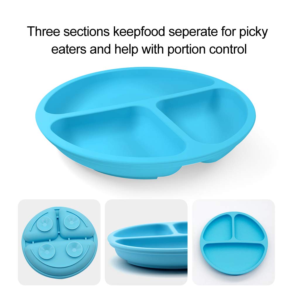 Wee me Suction Plates for Babies & Toddlers - Silicone Plates with Lids and Spoon Fork For Baby, Dishwasher and Microwave Oven Safe, 3 Pack (Ether, Sage & Blush)