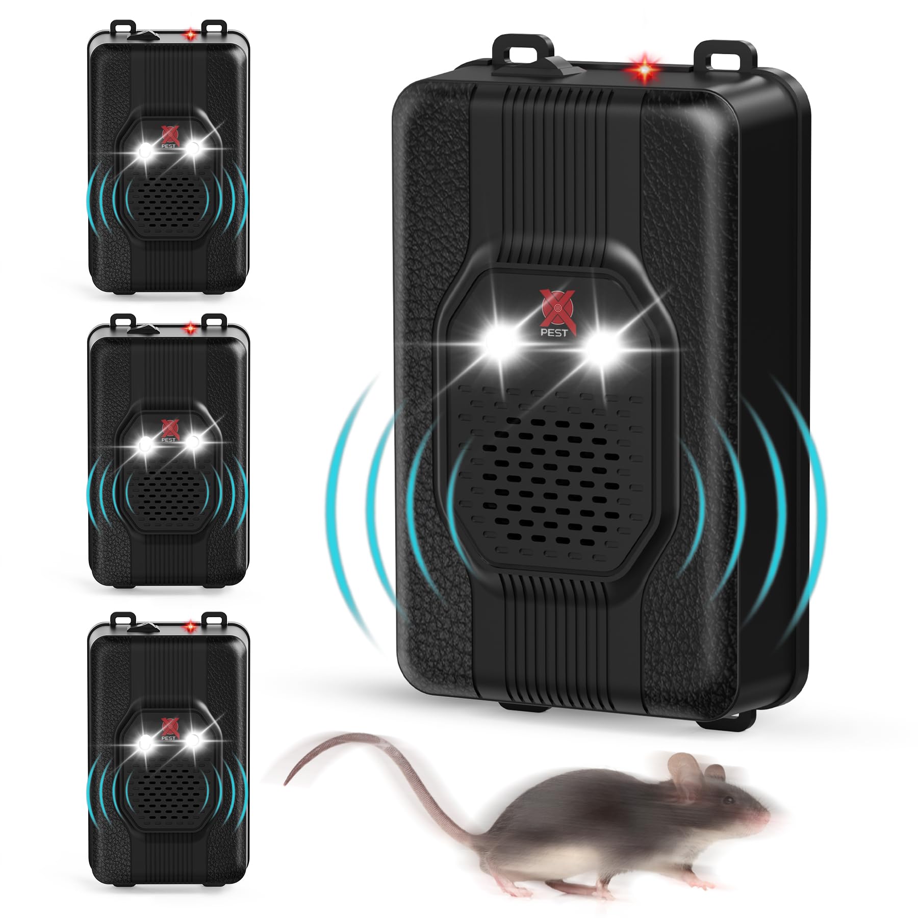 Ultrasonic Mouse Deterrent for Cars and Indoor 4 Packs, Battery Operated Mouse Squirrel Deterrent with Strobe Light, Smart Detection Keep Mice Out of Car, Boat Garage Attic Barn