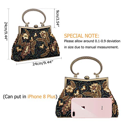 KISSCHIC Women's Vintage Sequins Beaded Evening Bag Handbag Wedding Clutch Handle Bag Formal Hand Bag (Black)