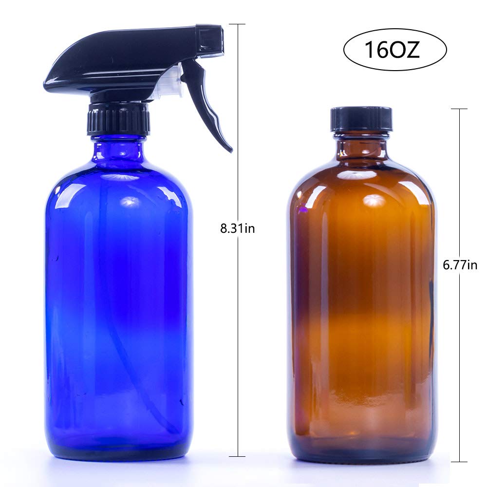 LewisCare LC Cobalt Blue & Amber Glass Spray Bottles For Cleaning Solutions,Water Spray Bottle For Hair,16oz Refillable Container For Essential Oils, Mist & Stream Trigger Sprayer(2 Pack)