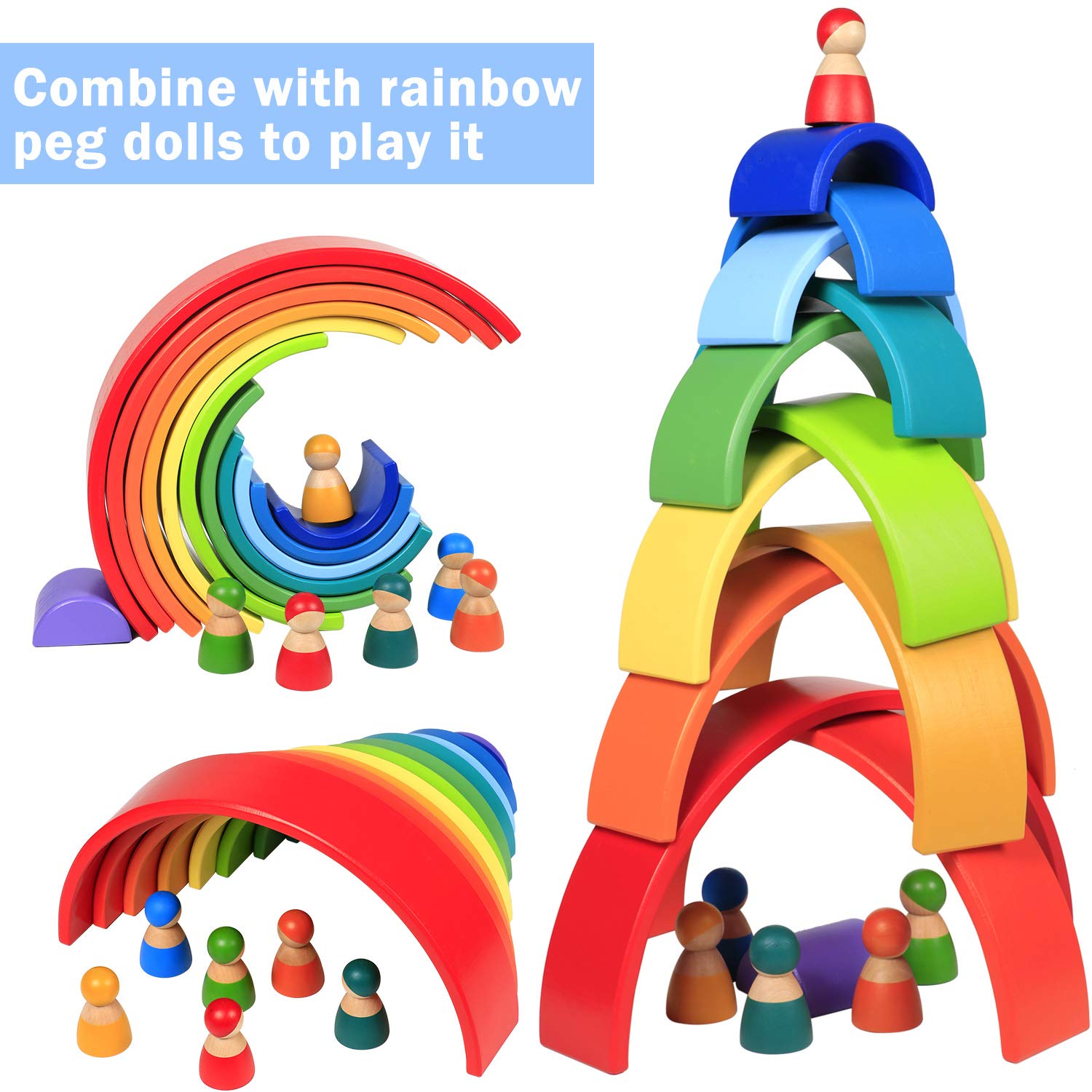 Lewo 12 PCS Wooden Rainbow Stacker Extra Large Stacking Game Nesting Puzzle Building Blocks Educational Toys for Kids Baby Toddlers