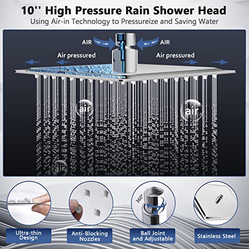 Shower Head High Pressure, 10" Rain Shower Head with Handheld Combo, with Upgraded 12" Adjustable Curved Shower Extension Arm, 4 Settings Handheld Shower Built-in Power Wash, Height/Angle Adjustable
