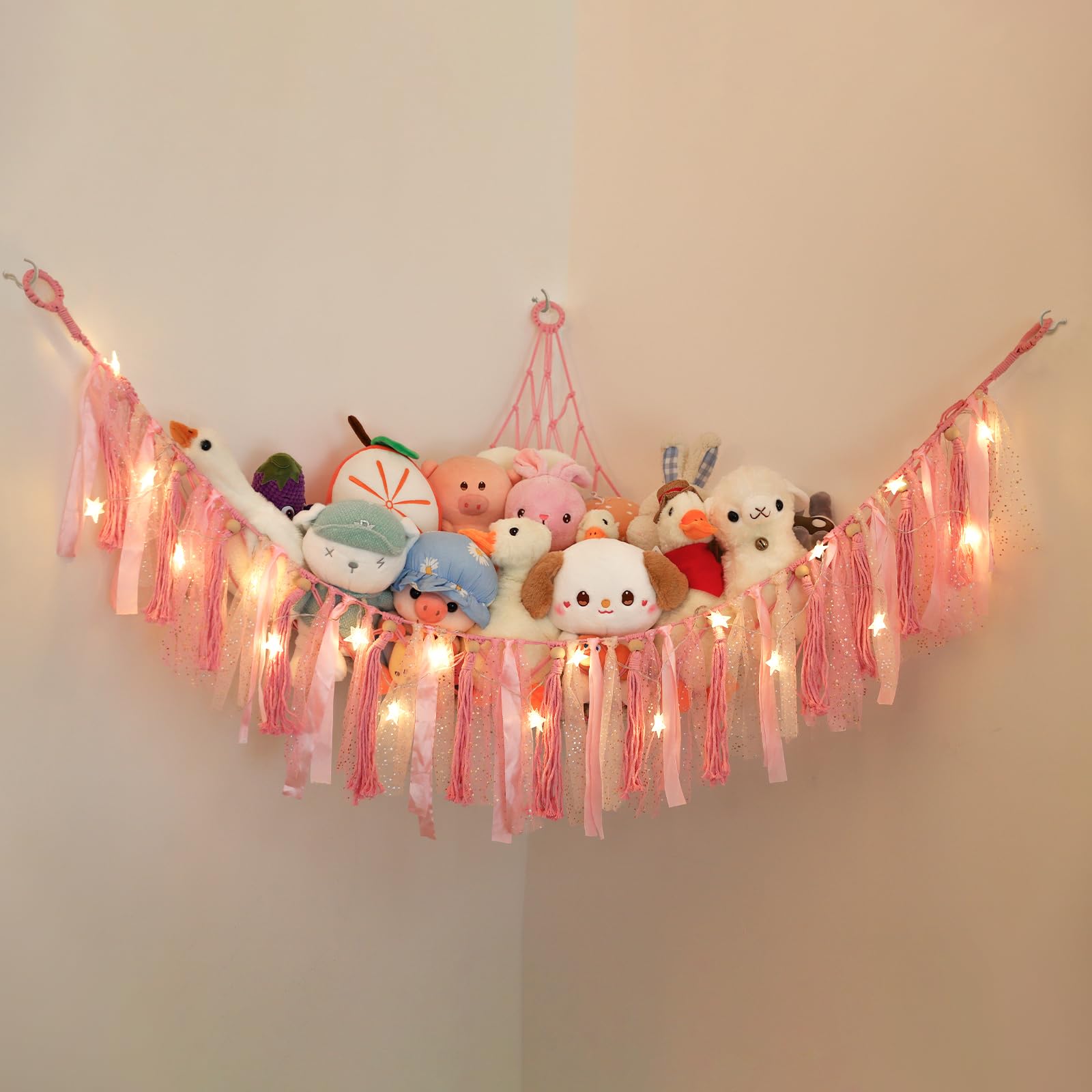 Lewondr Stuffed Animal Hammock, Dense Stuffed Animal Net or Hammock with Transitional Fringes, DIY Ribbons Great Decor Stuffed Animal Storage, 138'' Star Light String, 39'' x 39'' x 59, Pink