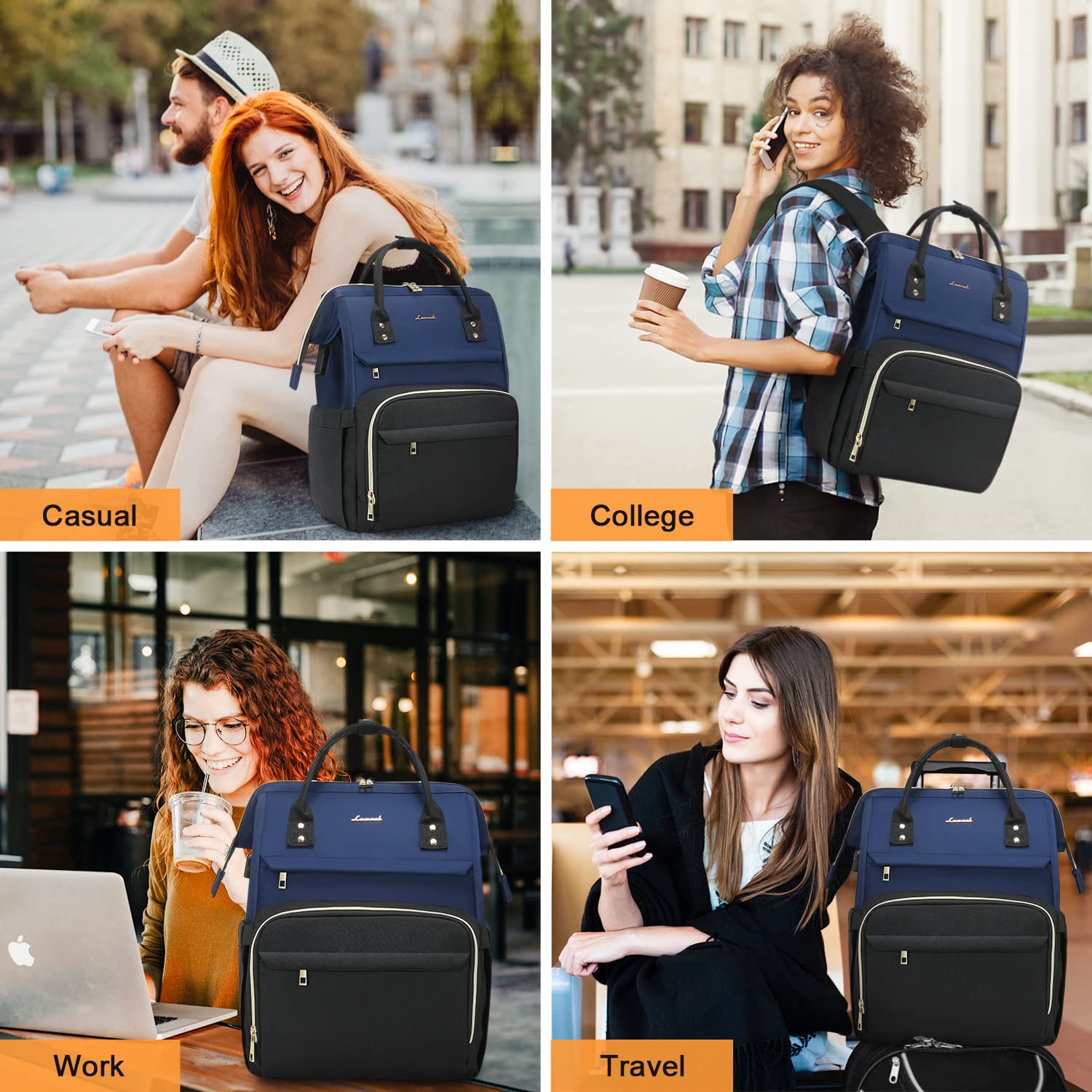 LOVEVOOK Laptop Backpack for Women Travel Business Work Computer Bag Purse with USB Port Fits 15.6-Inch Laptop Navy Blue-Black