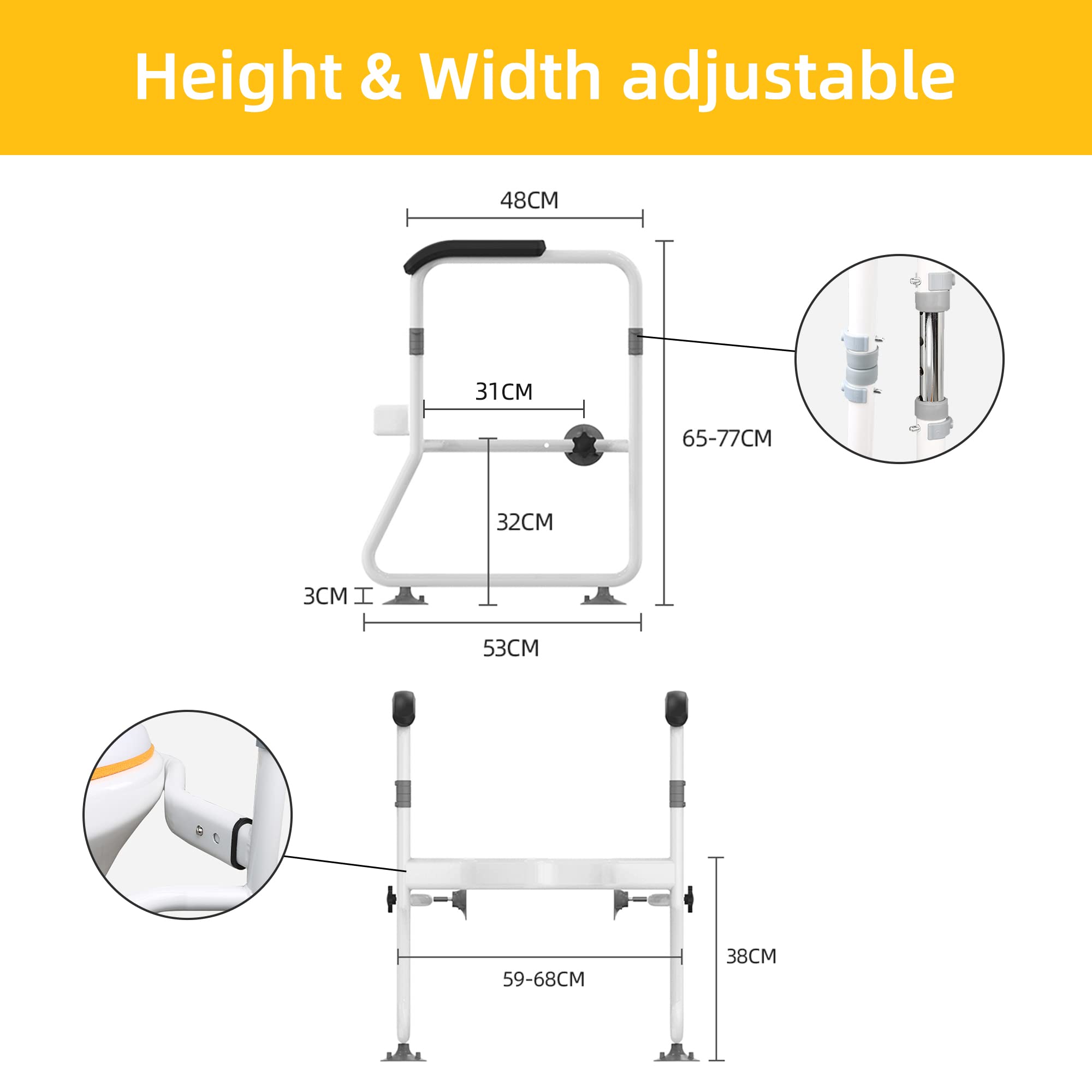 Toilet Safety Frame & Rails, Stability Bathroom Handrails Assist Grab Bar Handles & Railings for Elderly, Senior, Handicap & Disabled, Height & Width Adjustable, 300lbs Weight Capacity