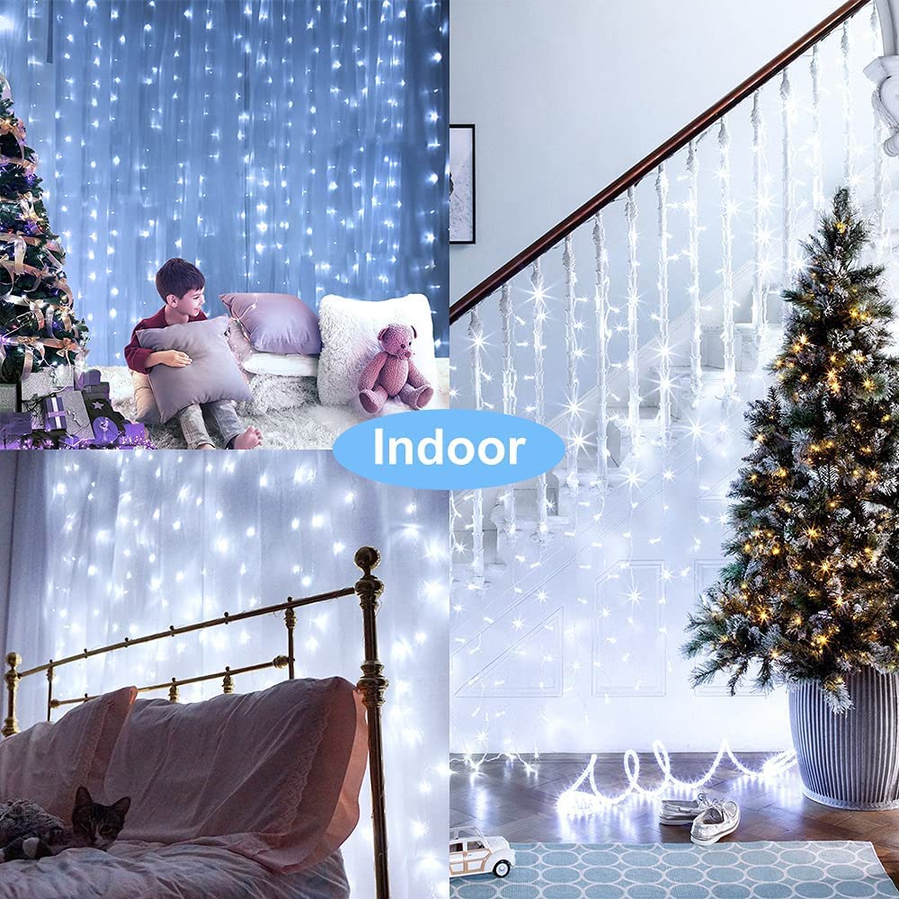 Solar Curtain Lights Outdoor Garden 300 LED Fairy String Lights 8 Modes Remote Control Waterproof Solar Waterfall Lights for Gazebo Patio Party Home Festival Wedding Wall Christmas Decorations(White)