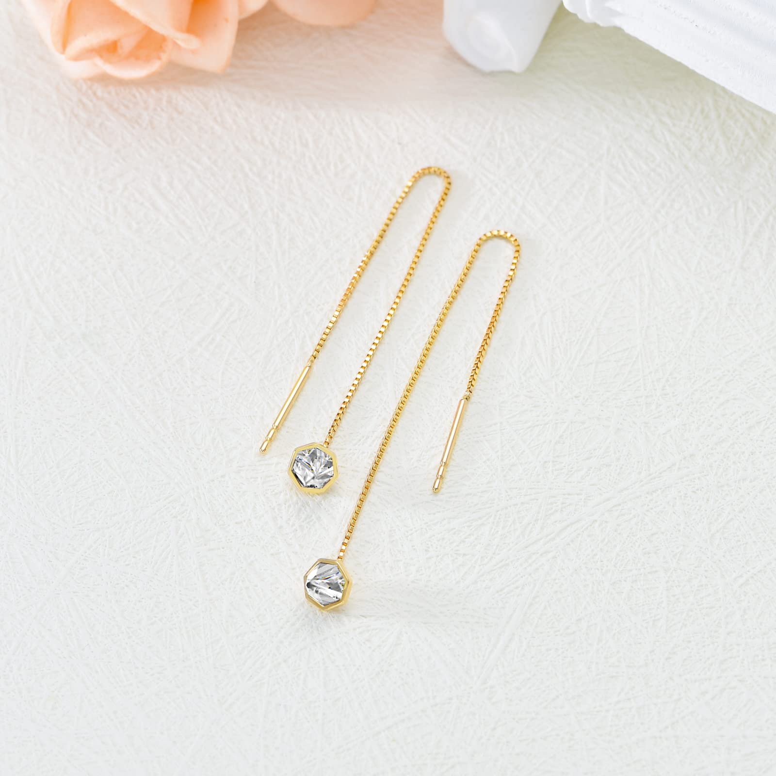 MRENITE 14K Solid Yellow Gold Dagger Threader Earrings for Women, Long Drop Thread Earrings Triangle Ear Line Fine Jewelry Gifts for Her