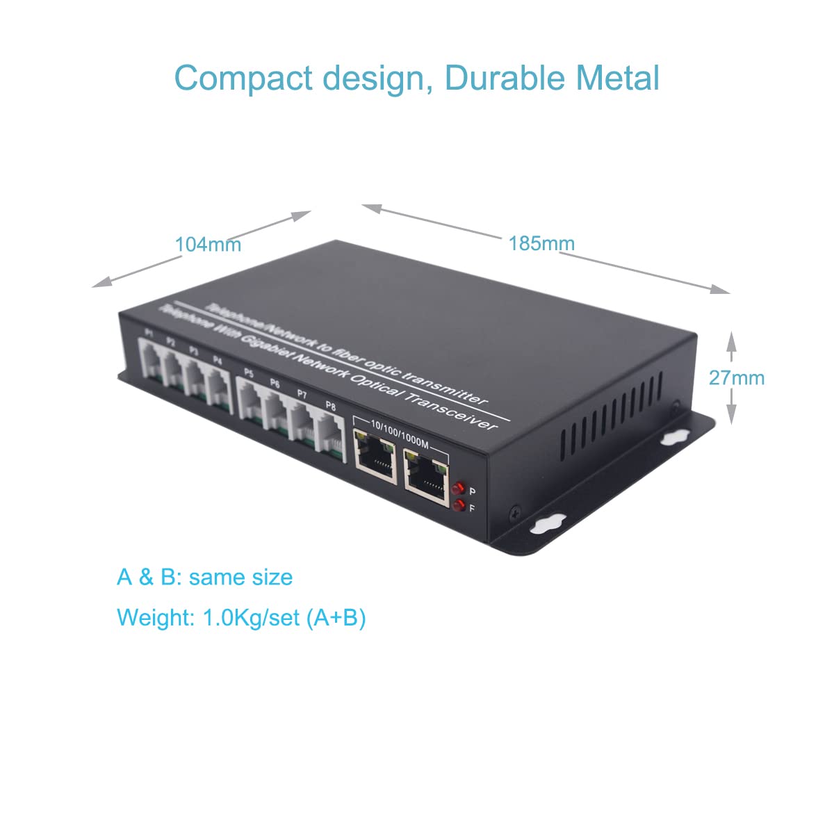 Wekuant 2 Port POTS RJ11 Telephone and 2 Gigabit Ethernet Over Fiber Optic Converter Extender Kit, PCM Voice Over Fiber โ Singlemode 20Km, Multimode 500m