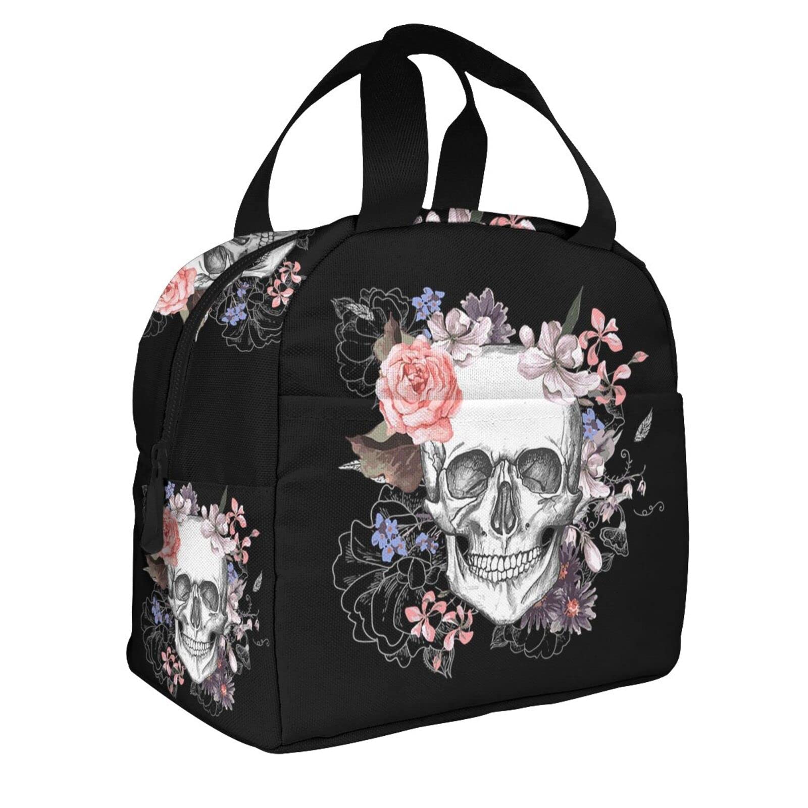 PATNPRT Halloween Black Sugar Skull Lunch Bag Insulated Lunch Box with Front Pocket Reusable Tore Bag For Office Work Picnic Travel Shopping