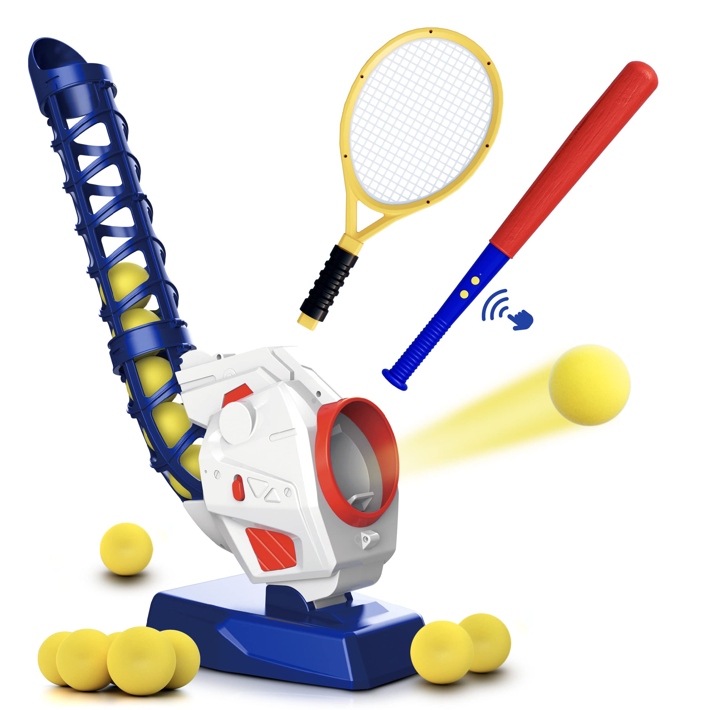 Tecnock 2 in 1 RC Tennis Baseball Pitching Machine - Chargable Tennis Ball Launcher,Automatic Pitcher Play Set with Remote Control Bat+Tennis Racket+10 Balls,Sport Games Training Toys Set for Kids