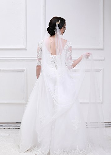 Kercisbeauty 3M Soft Tulle Sheer Cathedral Wedding Lace Veil Single Layer Drop with Gold Flower Comb Multi Layer Pearl Chain for Bride Bridal Headpiece Hair Dress(White)