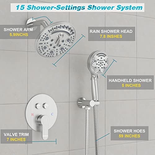 Shower System, Starbath Shower Faucet Set with 6-Setting Rainfall Shower Head and 9-Setting Handheld Shower Combo Set Wall Mounted, 3 Way Pressure Balance Shower Valve and Trim Kit(Brushed Nickel)