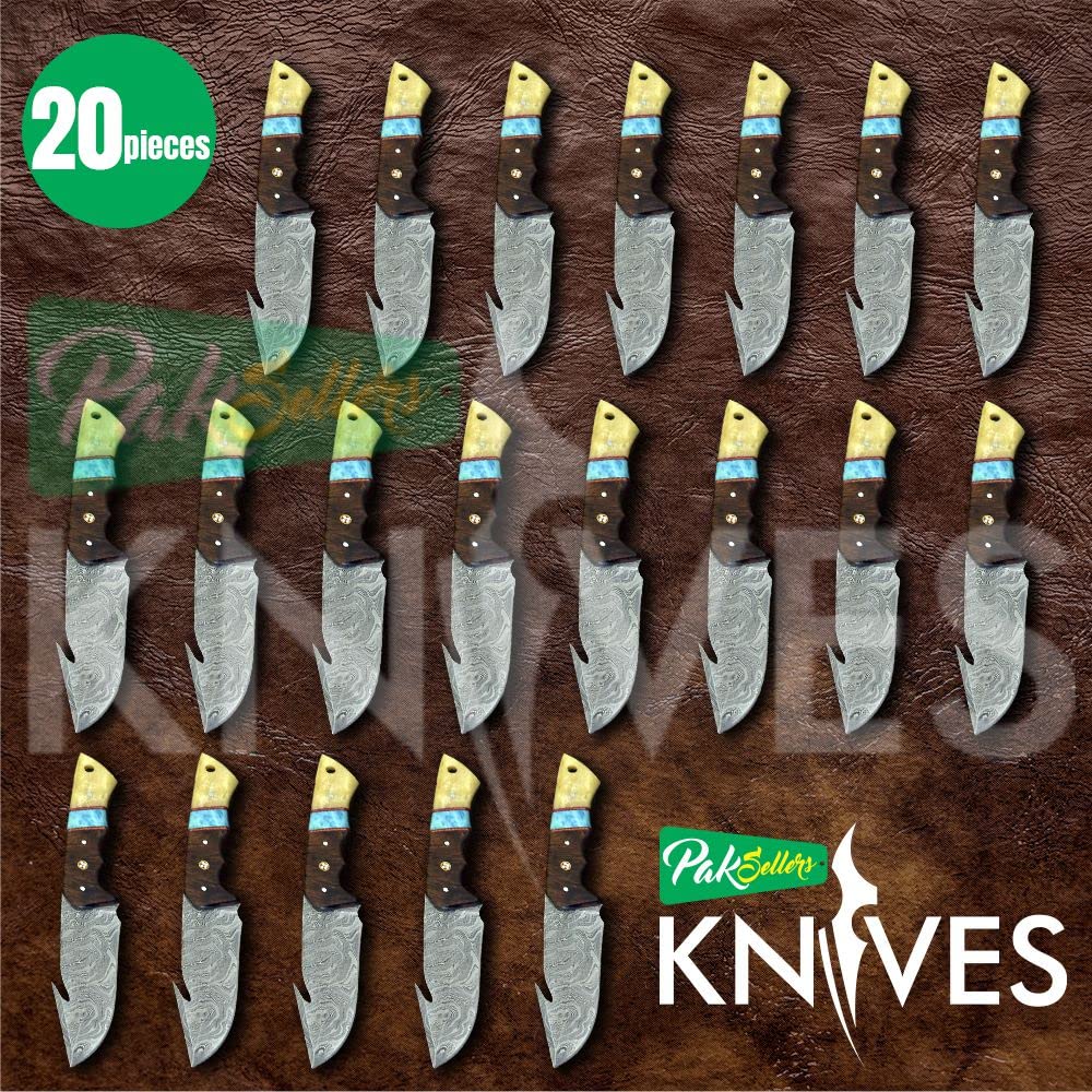 PSK74 - 1| 3| 5| 10| 15| 20 Pieces Pack Bulk Lot - 10″ Custom Damascus Gut Hook Knife, Hunting Fishing Camping Utility Knife Gift, Bulk Discounted (20 Pieces)