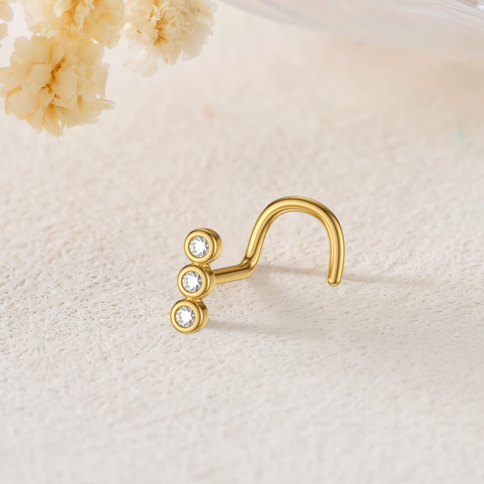 MRENITE Solid 14K Gold Nose Stud Ring Twist Screws 20 Gauge with CZ Real Gold Nose Piercing Jewelry Gift for Women Men Girl