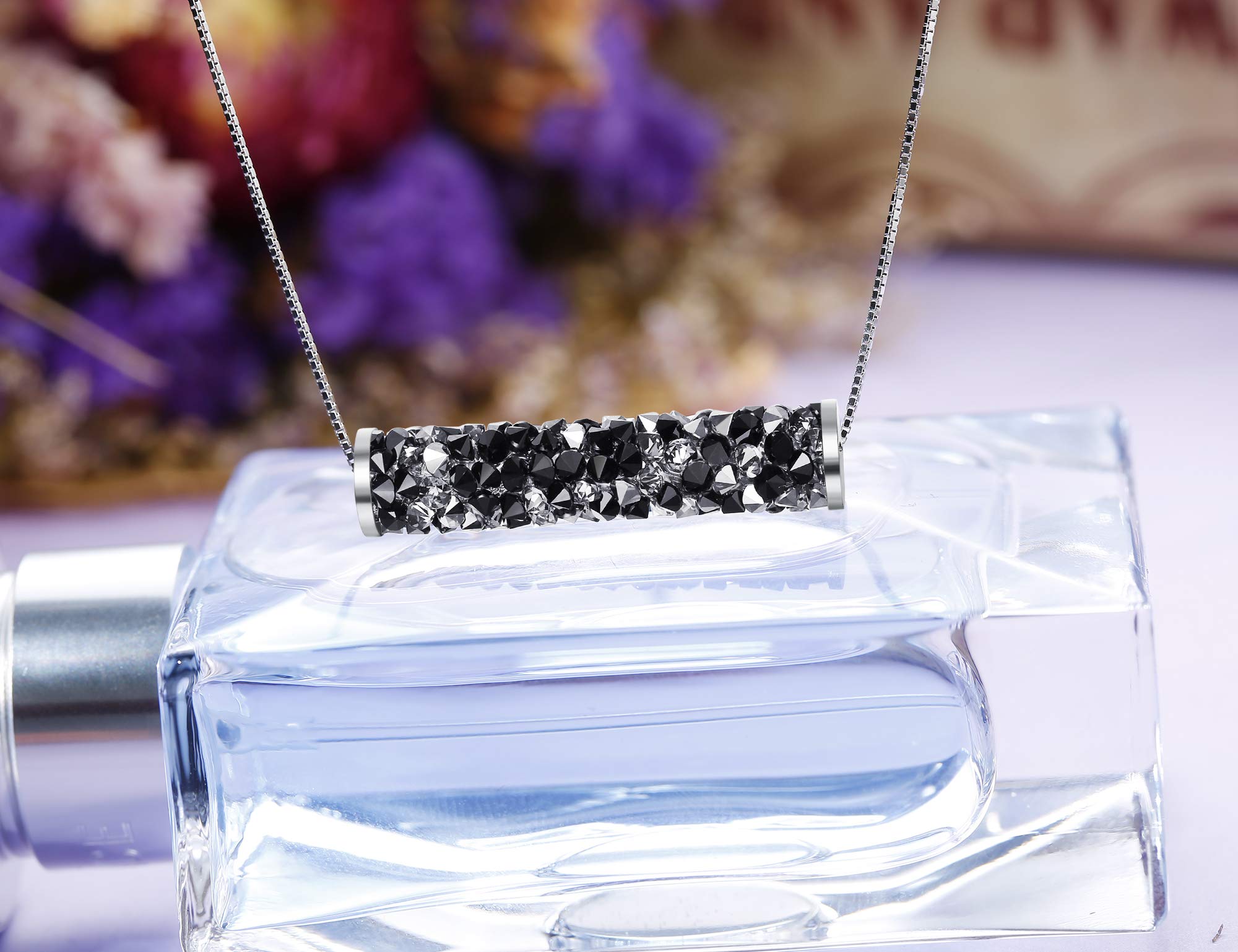 KesaPlan Cylinder Crystals Necklace for Women Bar Pendant Necklace with Sterling Silver Box Chain, Crystals from Austria, Gift for Christmas Black Crystal