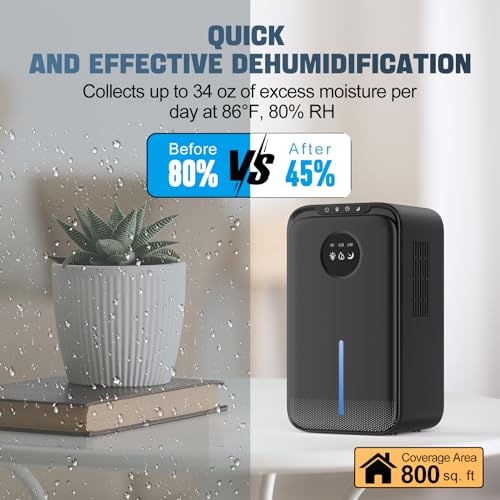 SAMSICHI Dehumidifier, 85 OZ Dehumidifiers for Room for Home, (800 sq. ft.) Quiet Dehumidifiers for Bathroom, Bedroom, Closet, RV, 7 Colors LED Auto Shut Off Dehumidifier with Drain Hose