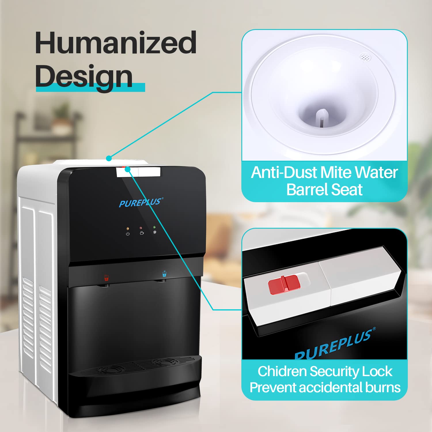 PUREPLUS Water Cooler Top Loading Countertop Water Cooler Dispenser, Hot & Cold Water, Child Safety Lock, Holds 3 or 5 Gallon Bottles, Compression Refrigeration Technology, Black