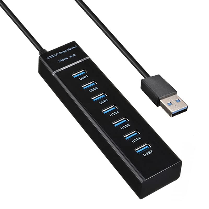W Come Ture Data Black USB Hub Splitter 7-Port USB 3.0 Hub with 11.8 inch Long Cable Powered USB Hub for Laptop, PC, MacBook, Mac Pro, Mac Mini, iMac, Surface Pro and More