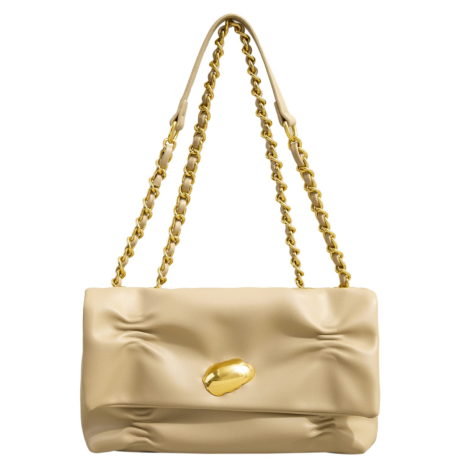 Sibalasi Clear Out Women's Ruched Shoulder Handbag Soft Trendy purse Chain Black Bag Beige Crossbody Bag (Beige)