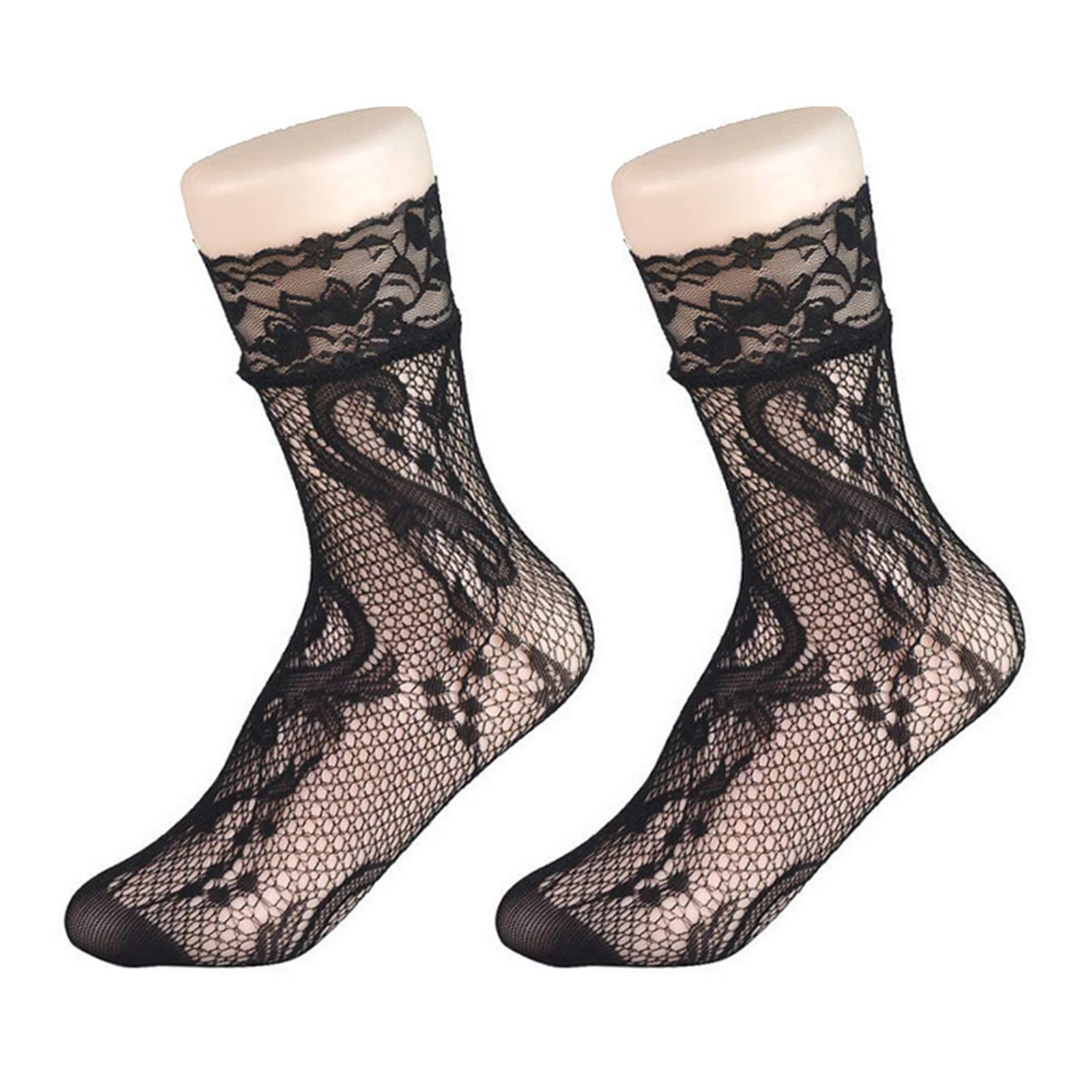 Lamdgbway 6 Pairs Women Lace Ankle Socks Fishnet Short Stockings Black 3