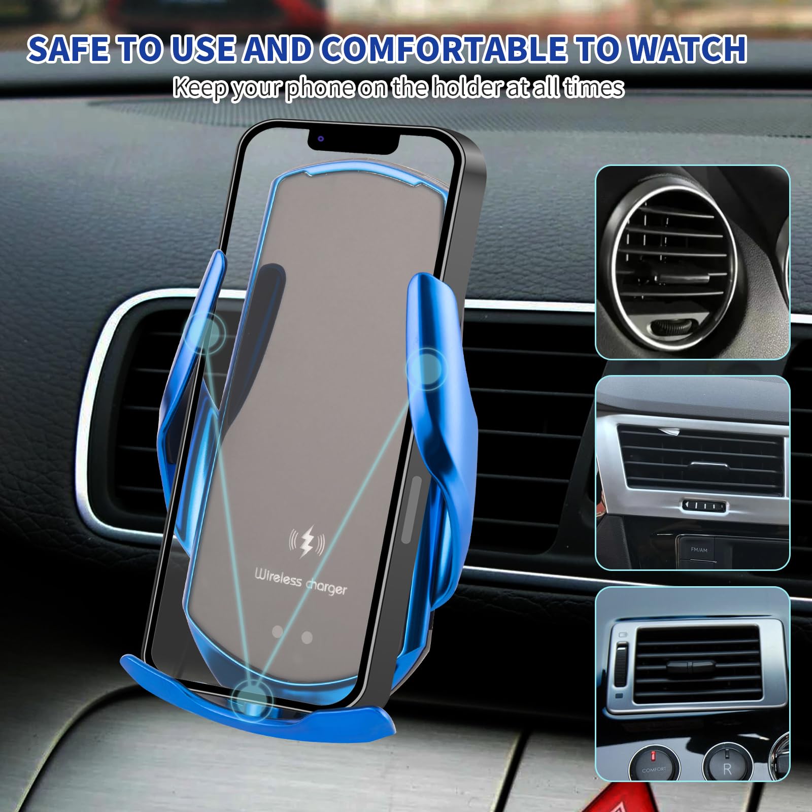 LFNOWN Wireless Car Charger Car Phone Holder Mount Wireless Charging 15W Fast Charging Auto Clamping Car Charger Phone Mount Phone Holder fit for All Android Smartphone(Silver)