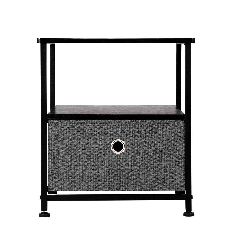 Kcelarec Nightstand 1-Drawer Shelf Storage- Bedside Furniture & Accent End Table Chest for Home, Bedroom, Office, College Dorm, Steel Frame, Wood Top, Easy Pull Fabric Bins (Grey)