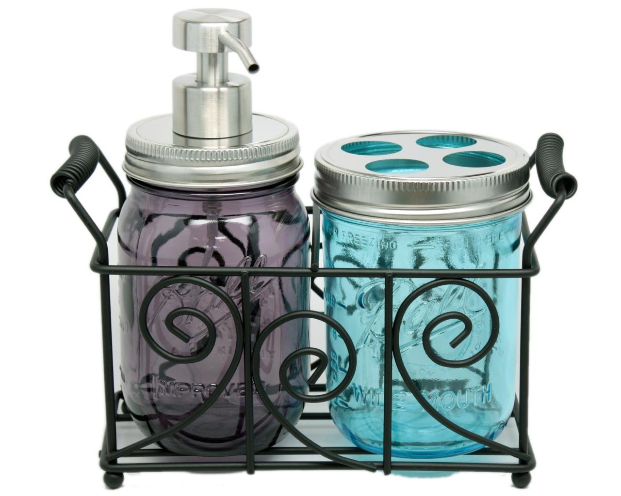 Mason Jar Lifestyle Caddy for 2 Pint Mason Jars with Swirl Design and Black Wire Handles