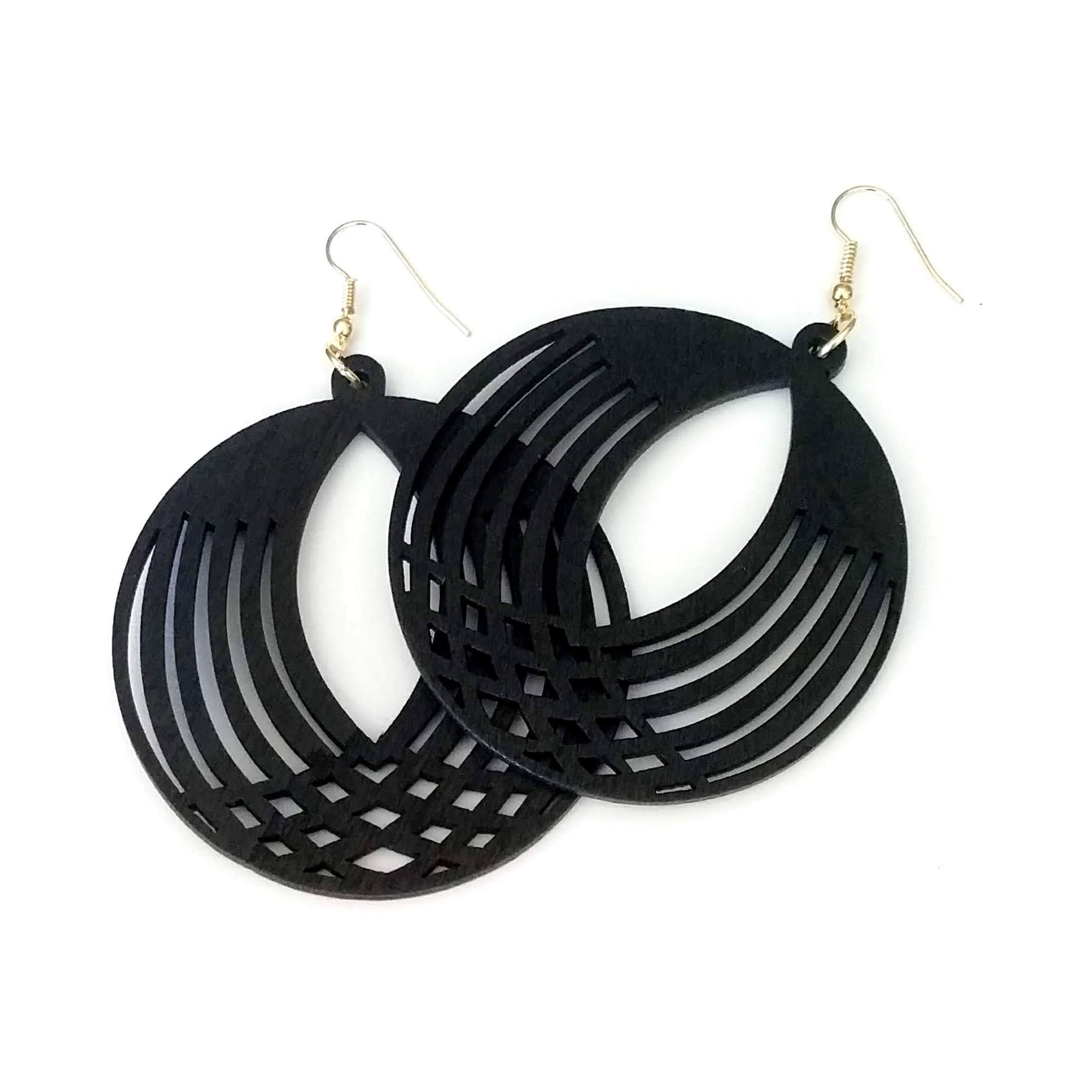 Large Lightweight Black Wood Criss-Crossed Circle Drop Earrings