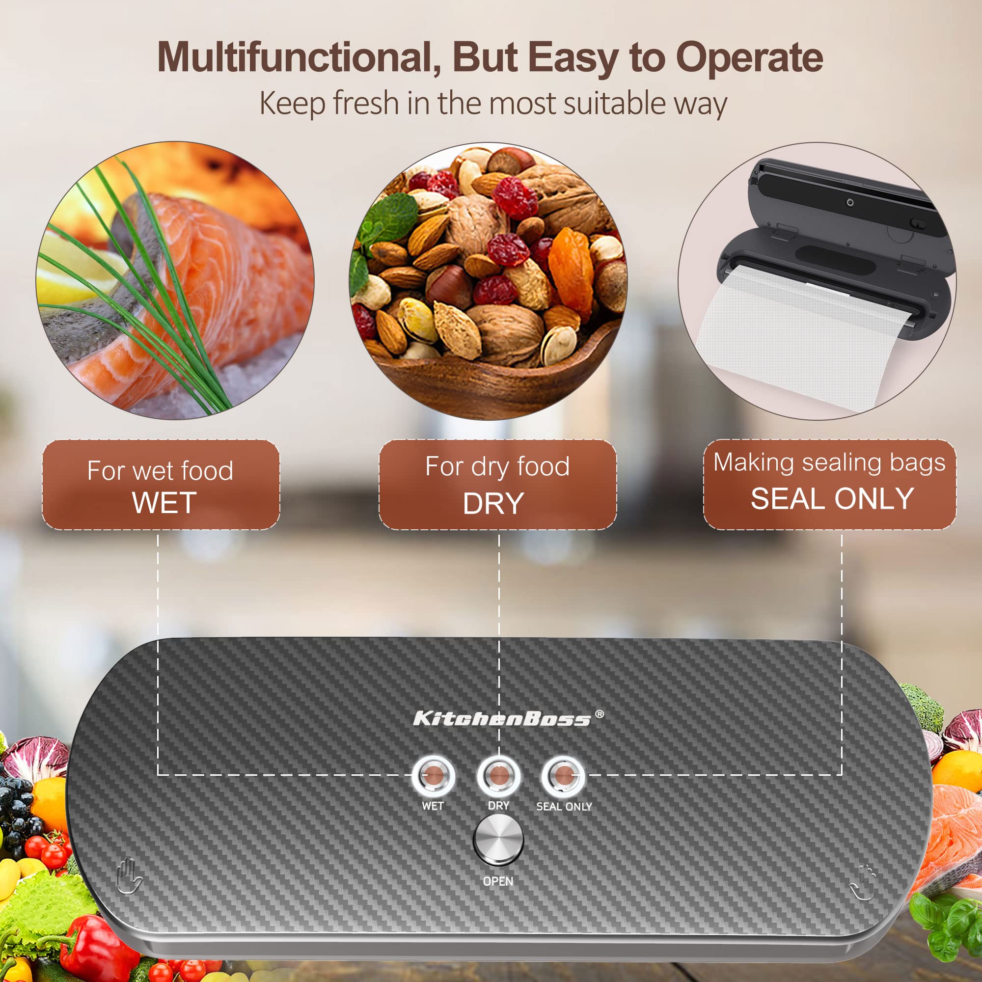 KitchenBoss Vacuum Sealer Machine for Foods Preservation Automatic Vacuum Sealing System, with Starter Kit Include 5 Pcs food Vacuum Bags