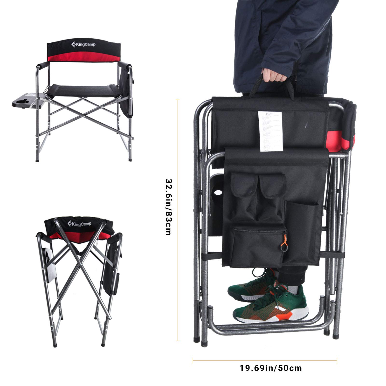 KingCamp Heavy Duty Camping Director Chair for Adults Folding Oversized Outdoor Lawn Foldable with Side Table and Pockets Padded Seat, Supports 400lbs, One Size, Black/Red-2 Pack
