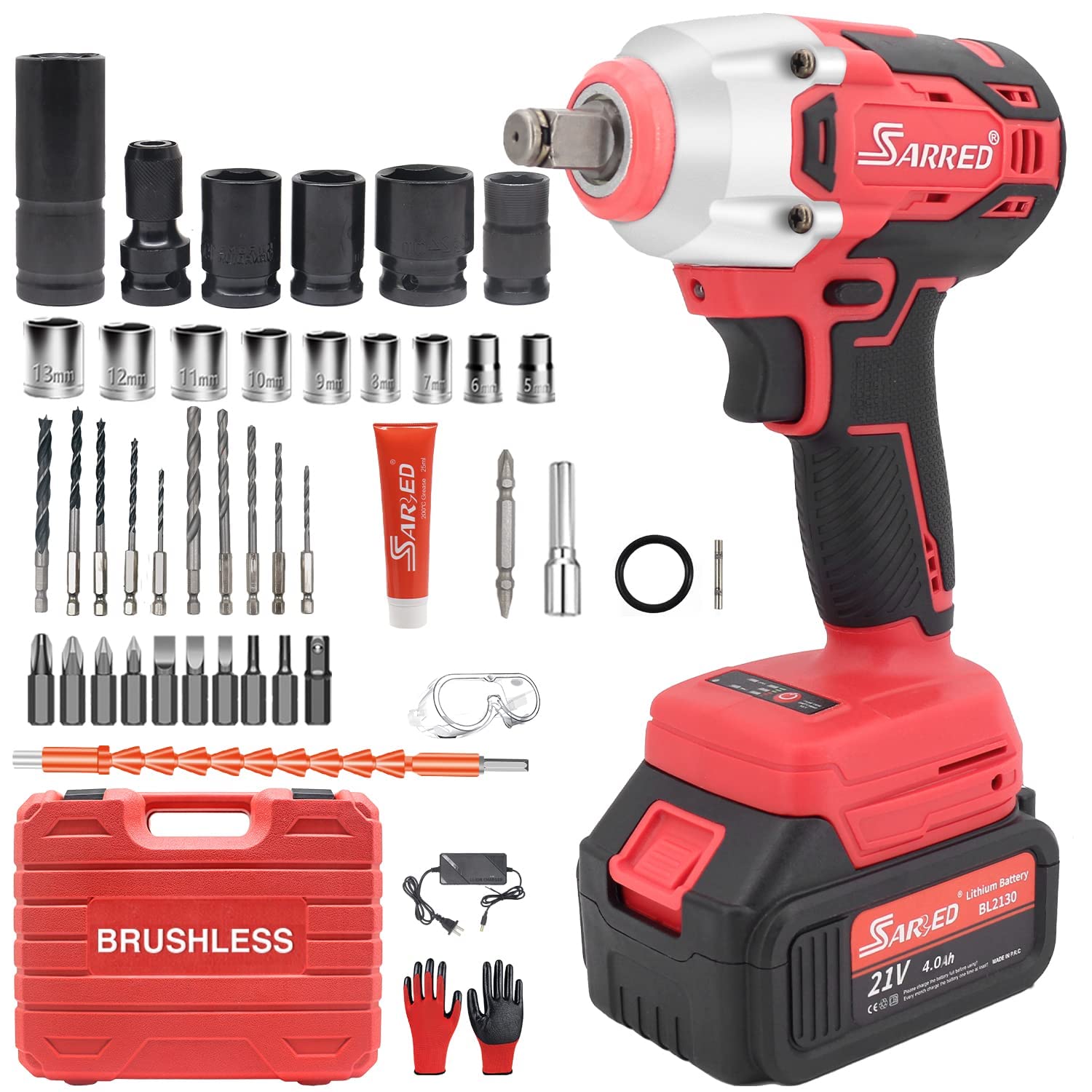 SARRED Cordless Impact Wrench 1/2 Inch, Brushless Impact Driver Max Torque 300 Ft-lbs, 21V Electric Impact Wrench with 4.0Ah Battery and Fast Charger & Variable Speeds for Car Home